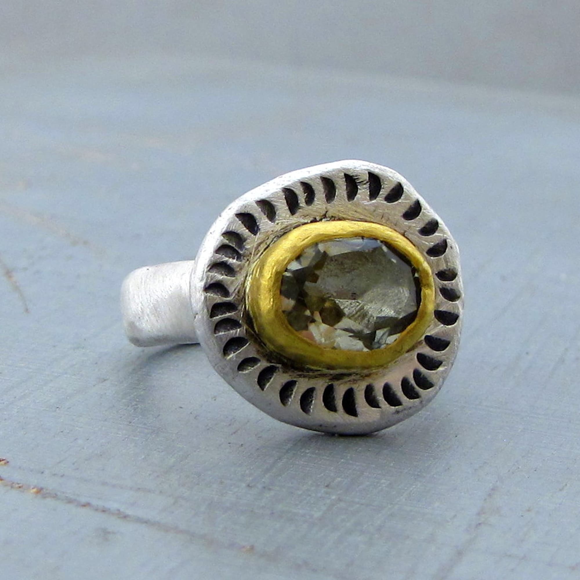 Special handmade green Amethyst 24k gold and silver rustic ring