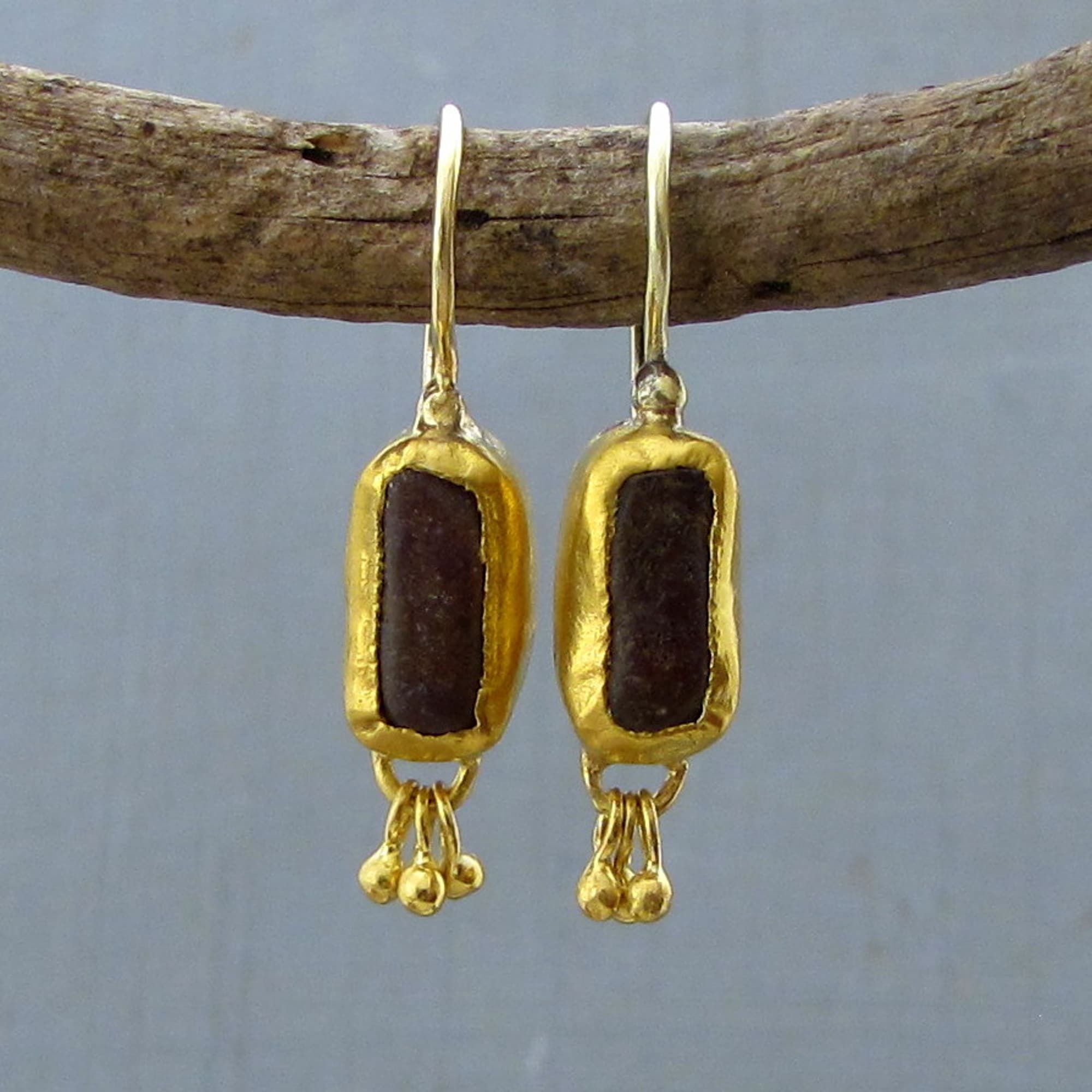 Handmade 24k gold rustic Ruby earrings decorated with gold dots
