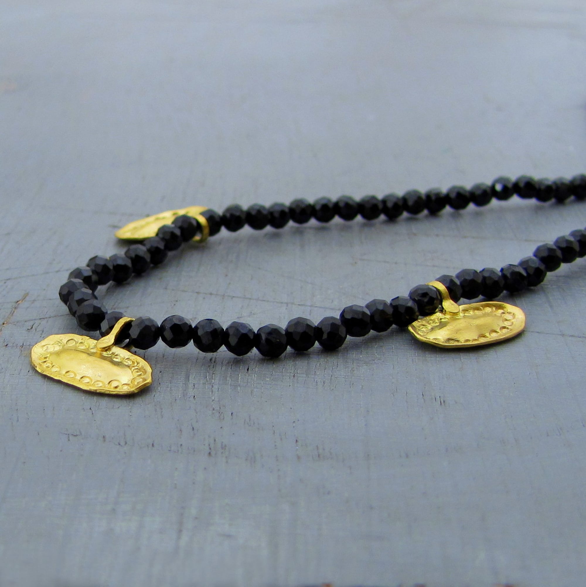 Handmade Black Spinel beads necklace with 22k gold pendants