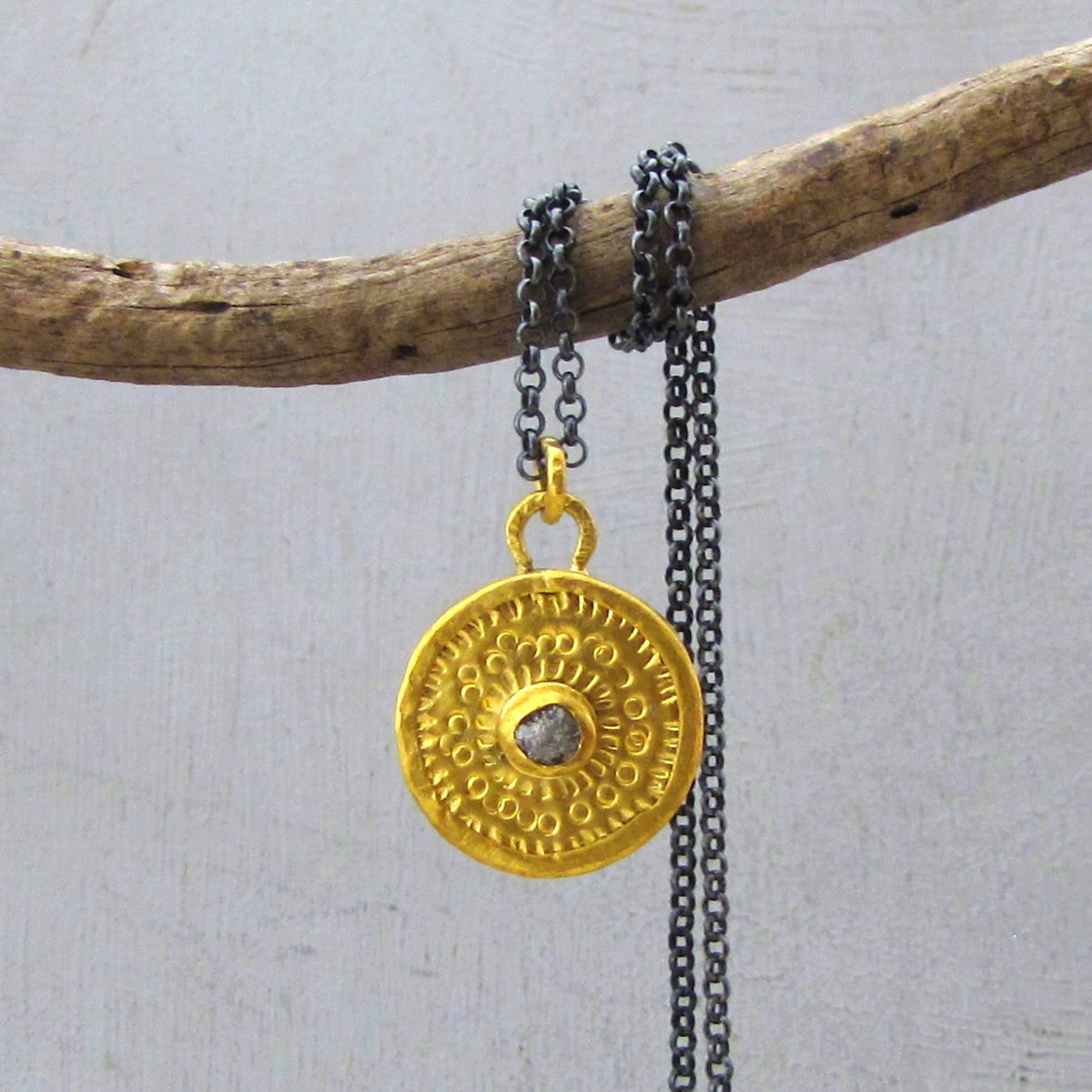 Handmade round Rough gray Diamond 24k gold pendant