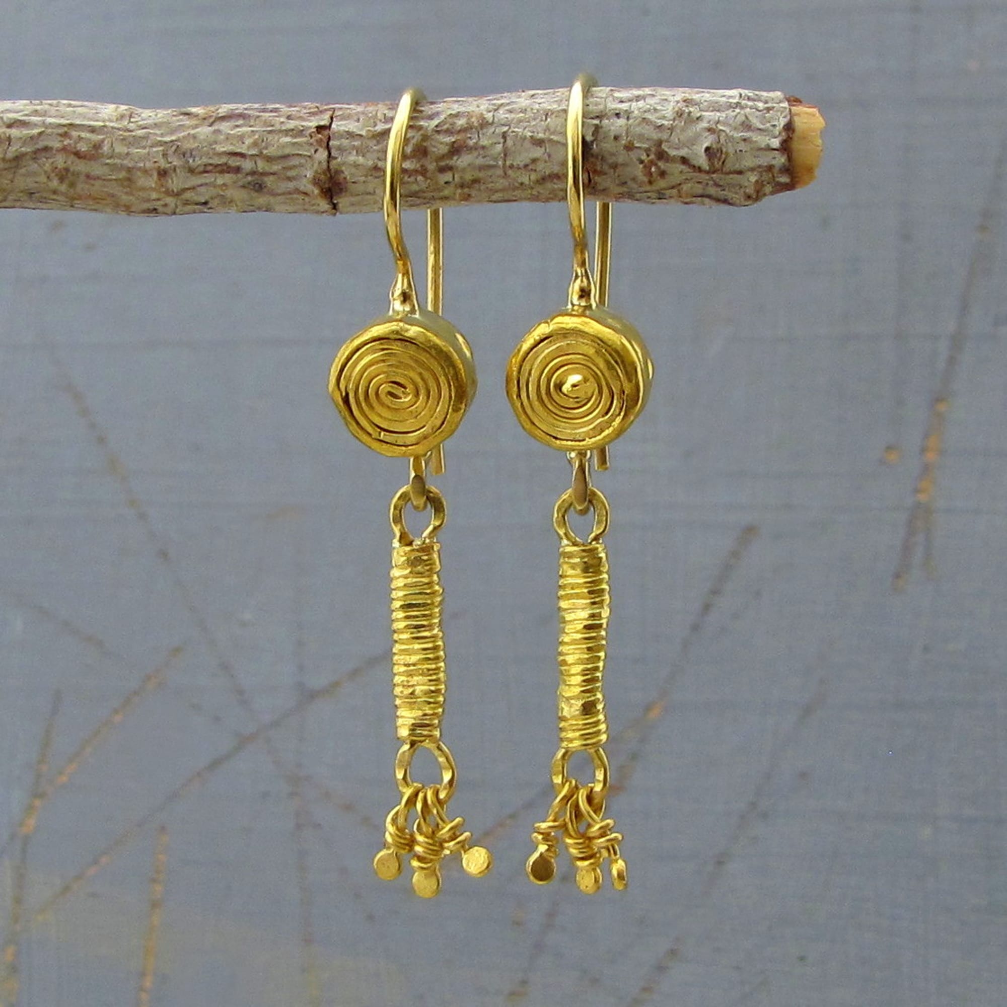 Handmade long 22 karat gold dangle earrings with gold spirals